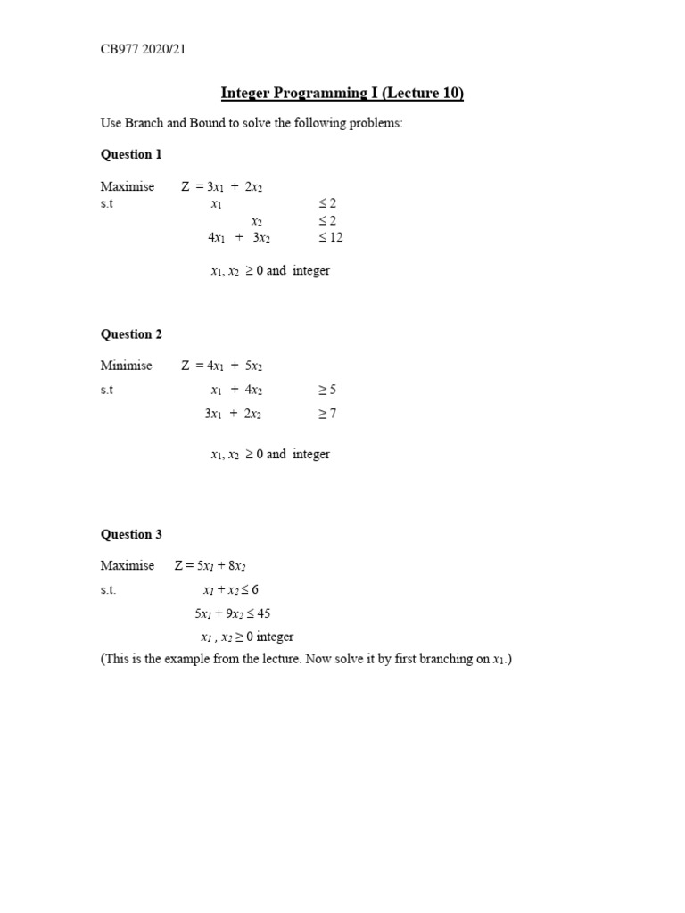 Seminar 10 Integer Programming I Exercise PDF