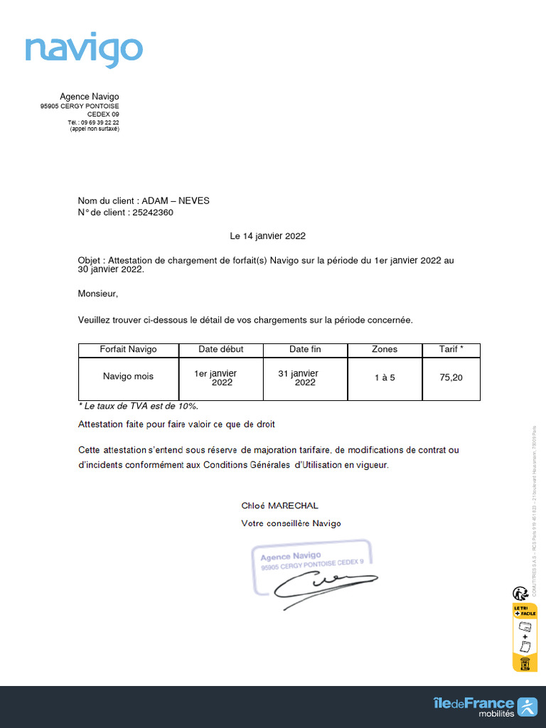 Attestation Navigo 01 22 | PDF