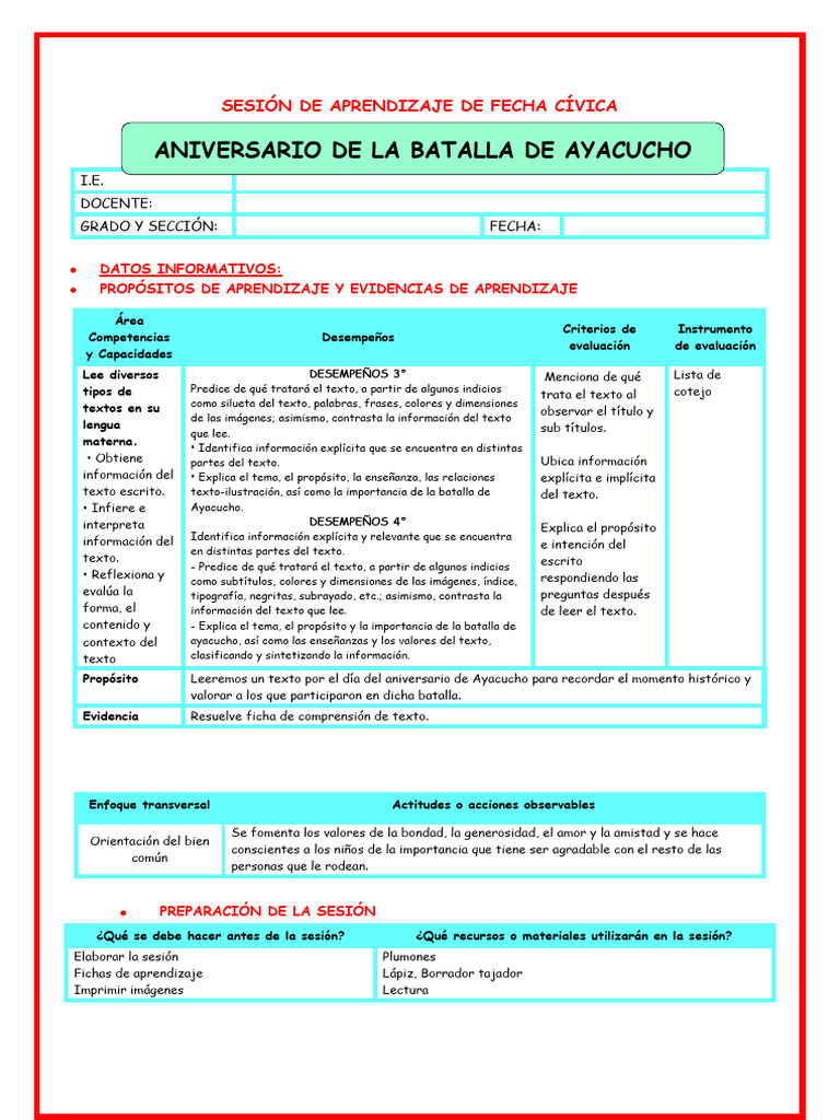 Iv Ses - Plan Lec Vier 7 Batalla de Ayacucho | PDF | Evaluación | Aprendizaje