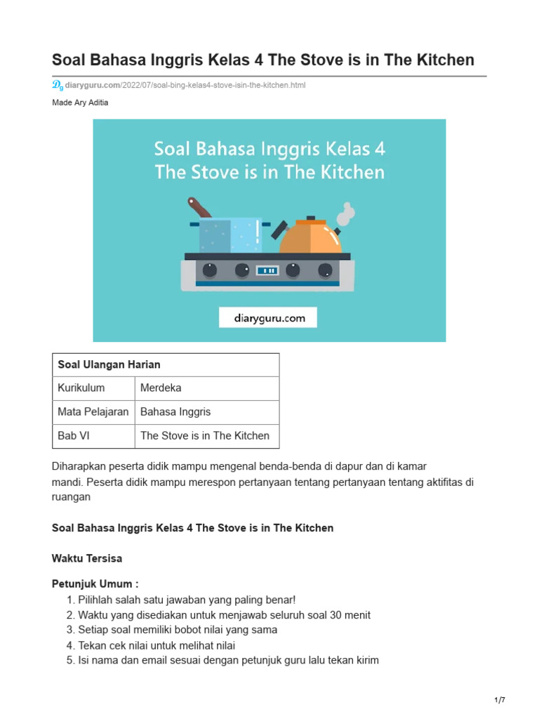 Soal Bahasa Inggris Kelas 4 The Stove Is in The Kitchen | PDF | Cooking | Tools