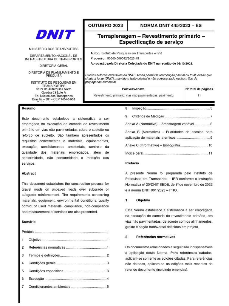 Dnit - 445 - 2023 - Es - TERRAPLENAGEM E REVESTIMENTO PRIMARIO | PDF ...