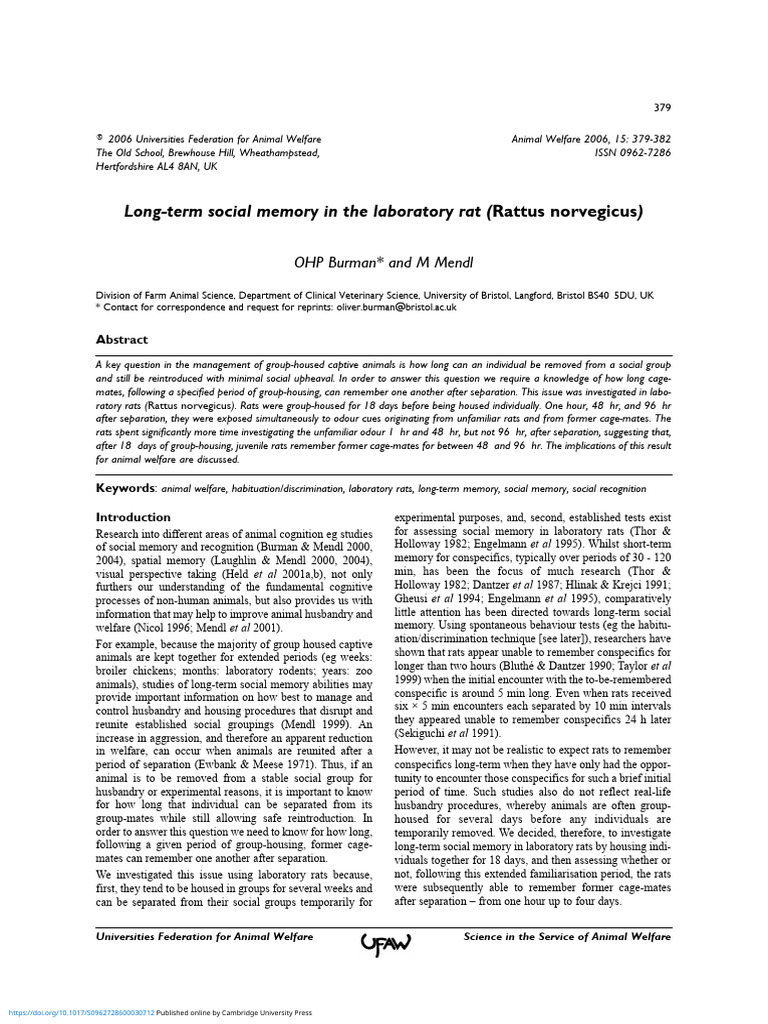 Long Term Social Memory in The Laboratory Rat Rattus Norvegicus ...