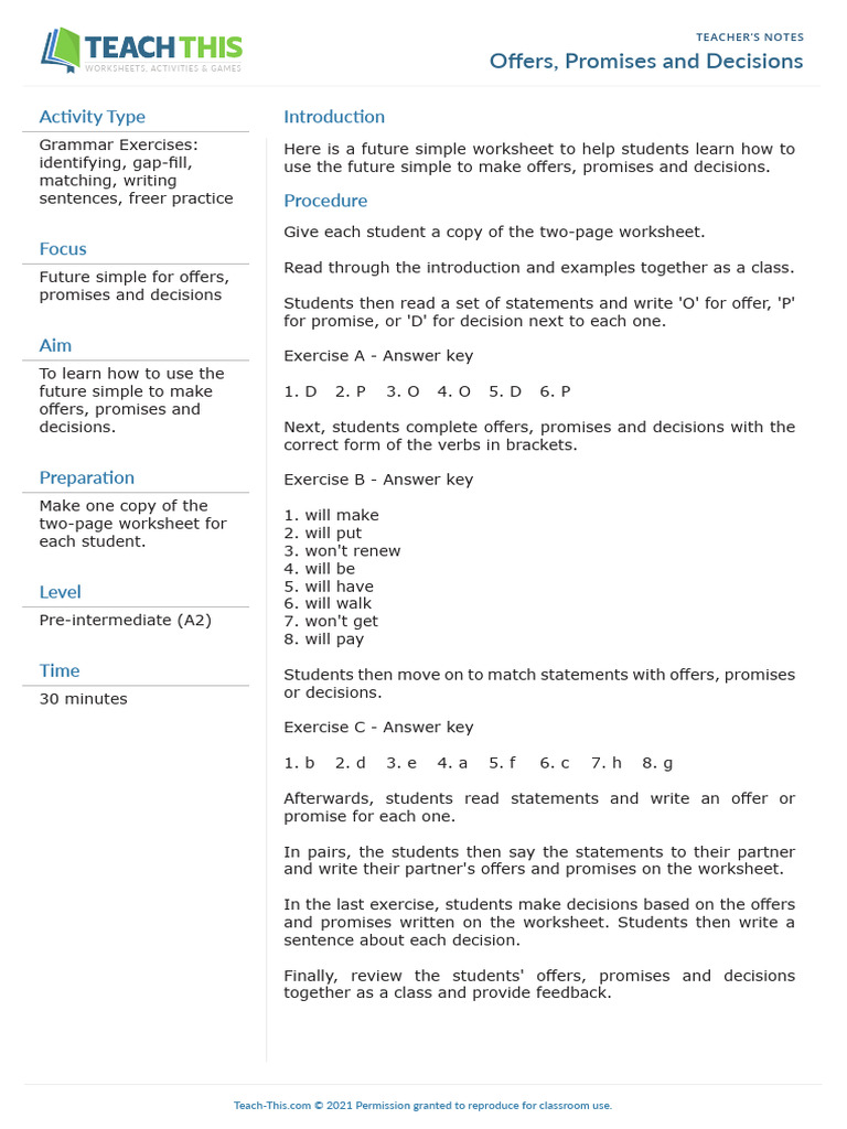 Offers Promises and Decisions Worksheet | PDF | Linguistics