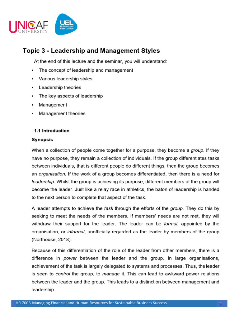 Week 3-Leadership and Management Styles | PDF | Leadership | Psychology