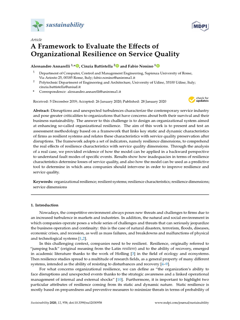 Annarelli et al. (2020). A framework to evaluate the effect of organizational resilience on ...