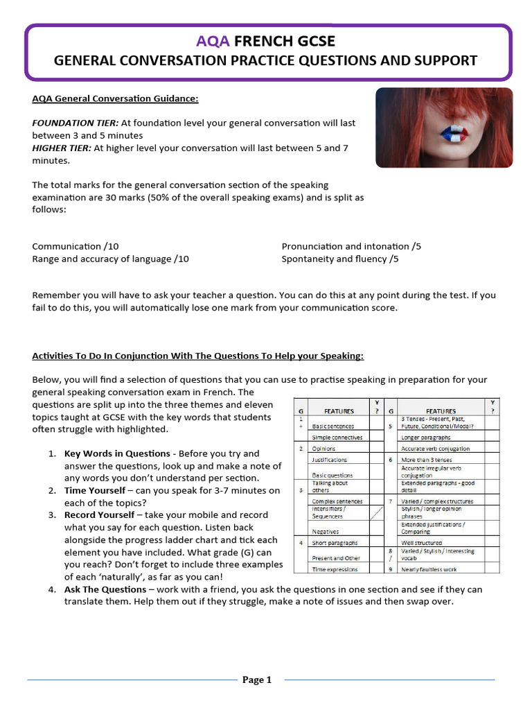 French GCSE AQA General Conversation Practice Questions | PDF | Schools ...