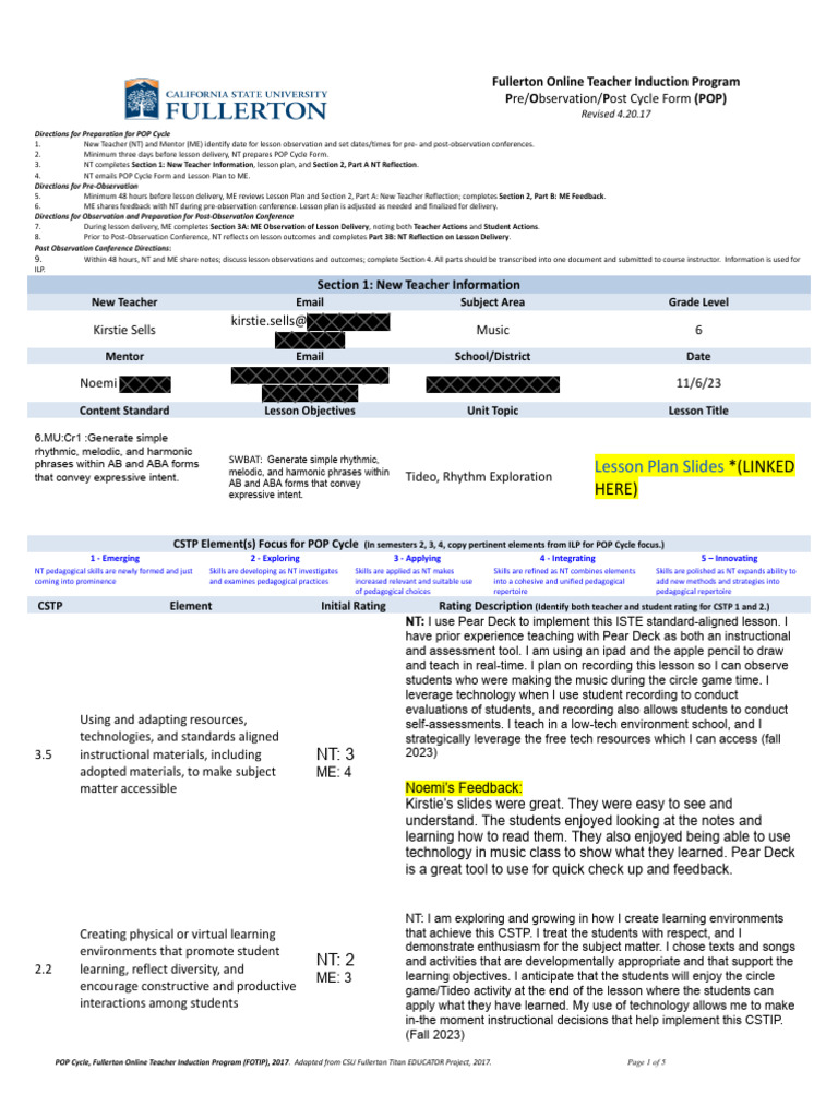 Fullerton Teacher Induction POP Cycle Guide | PDF | Learning | Teachers