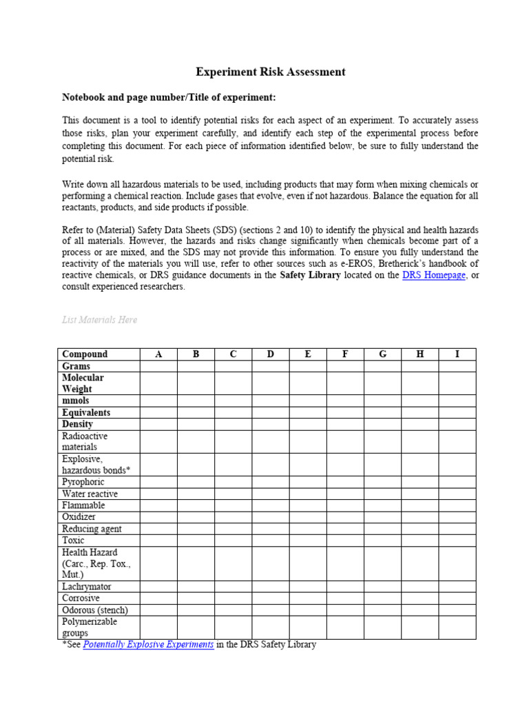 Risk Assessment Worksheet | PDF | Chemical Reactions | Hazards
