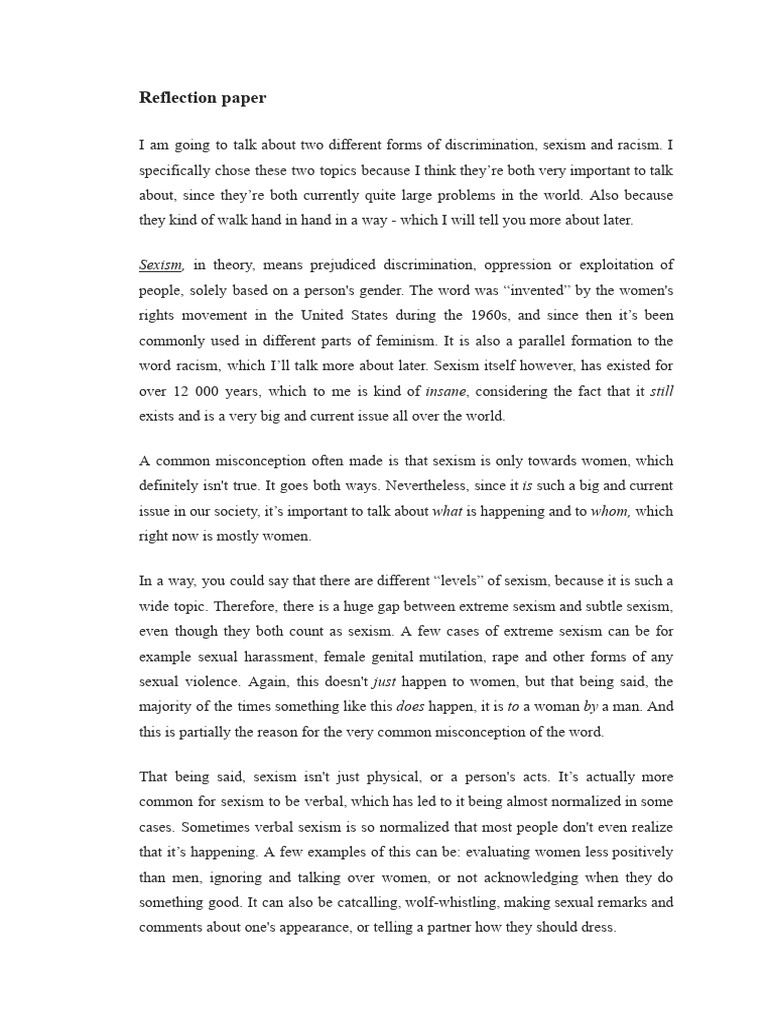 Reflection Paper | PDF | Sexism | Discrimination & Race Relations