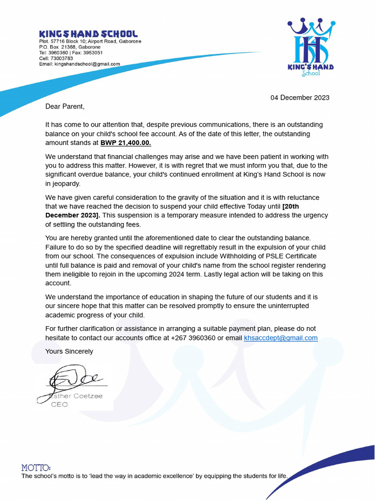 Urgent: School Fee Payment Notice | PDF | Finance & Money Management