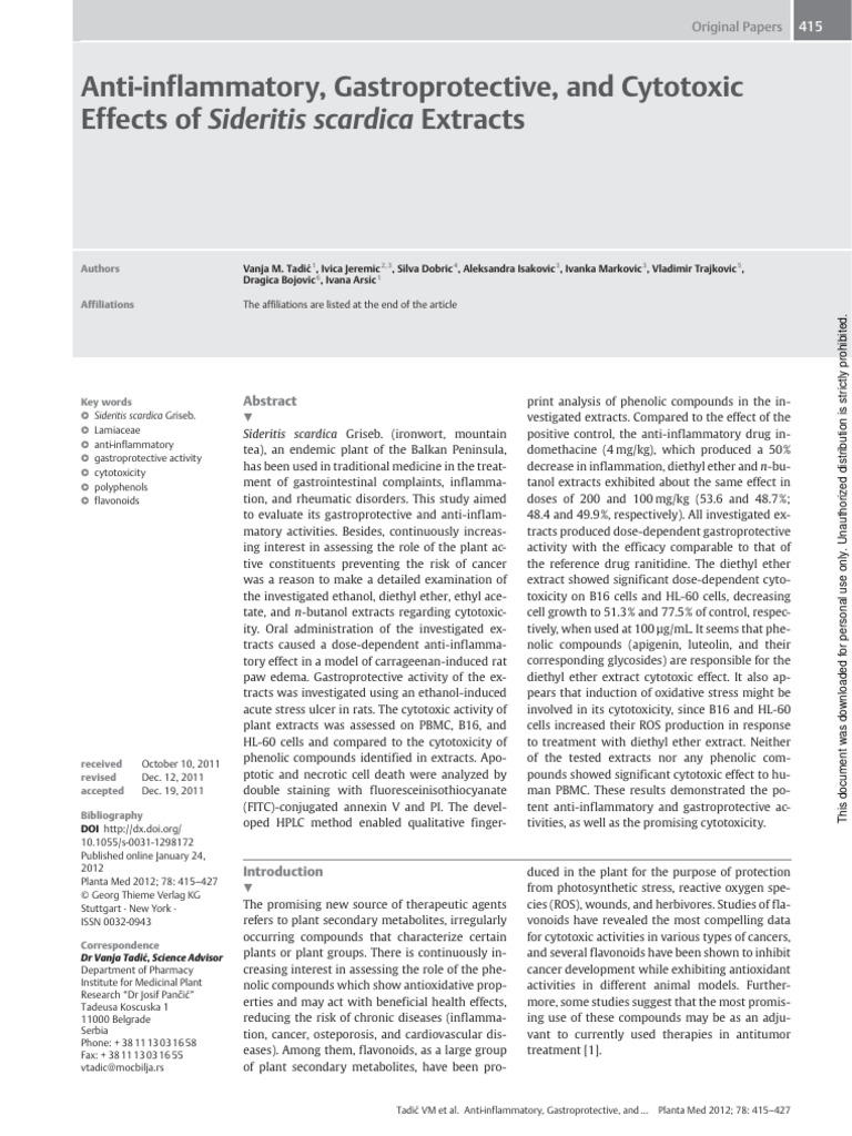 Anti-Inflammatory, Gastroprotective, and Cytotoxic Effects of Sideritis ...