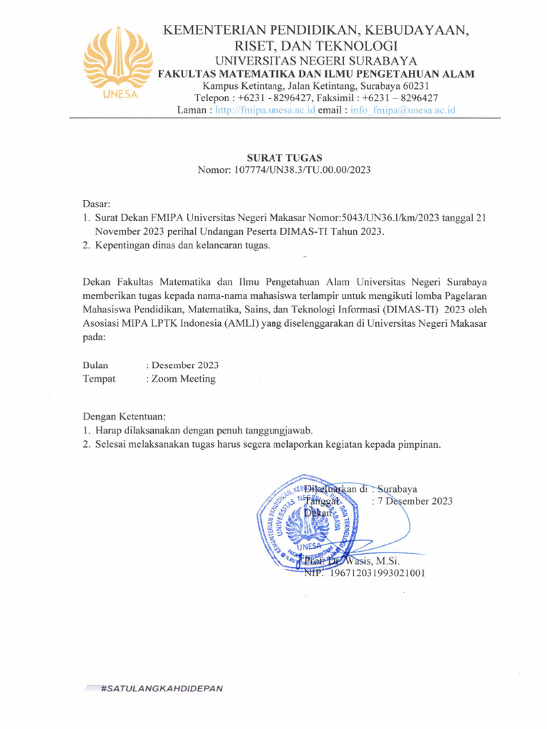 Surat Tugas Peserta Lomba Pagelaran Mahasiswa Pendidikan, Matematika ...