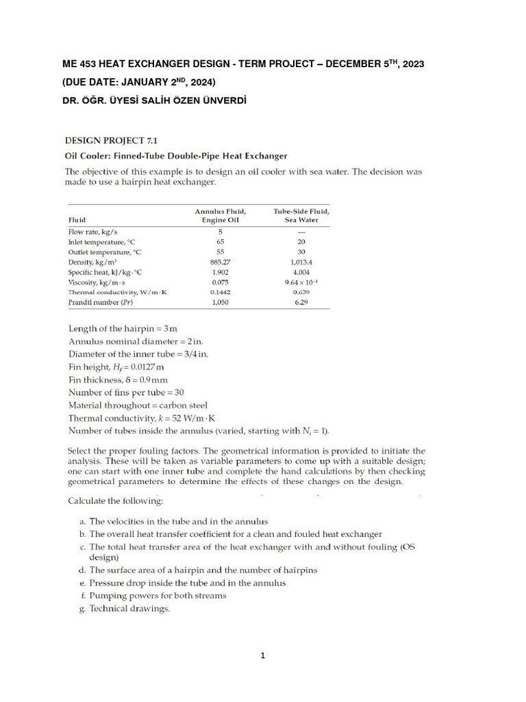Me 453 Heat Exchanger Design - Term Project - December 5, 2023 | PDF