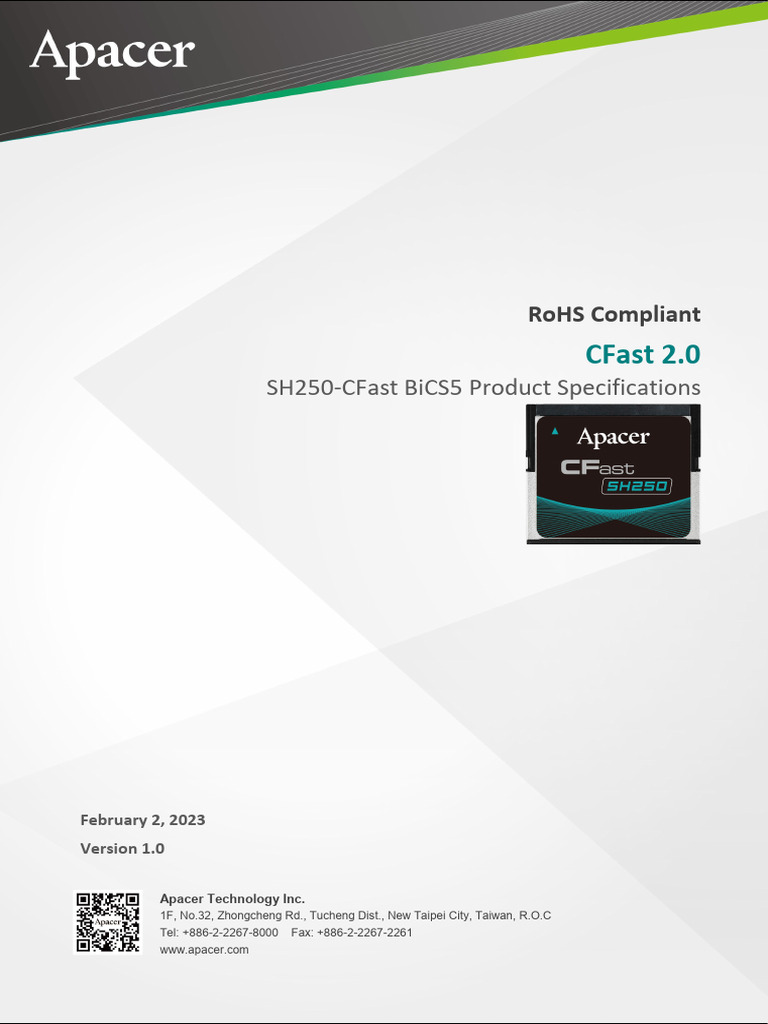 Apacer SH250 CFast BiCS5 AA2 259XXX XXXF8 Spec v1 - 3107240 | PDF | Flash Memory | Solid State Drive
