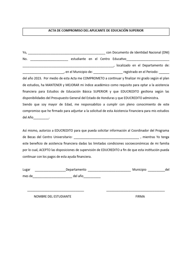 Acta de Compromiso Del Estudiante Educ - Superior 8 Sept 2023 | PDF