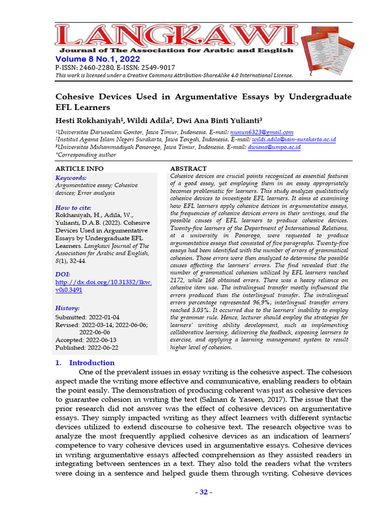 Cohesive Devices Used in Argumentative Essays by Undergraduate EFL ...