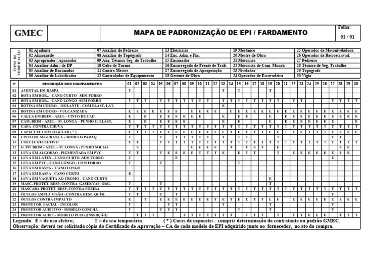 Mapa de Padronização de EPI | PDF