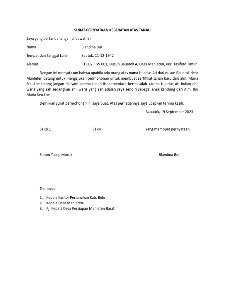 Surat Pernyataan Keberatan Atas Tanah | PDF