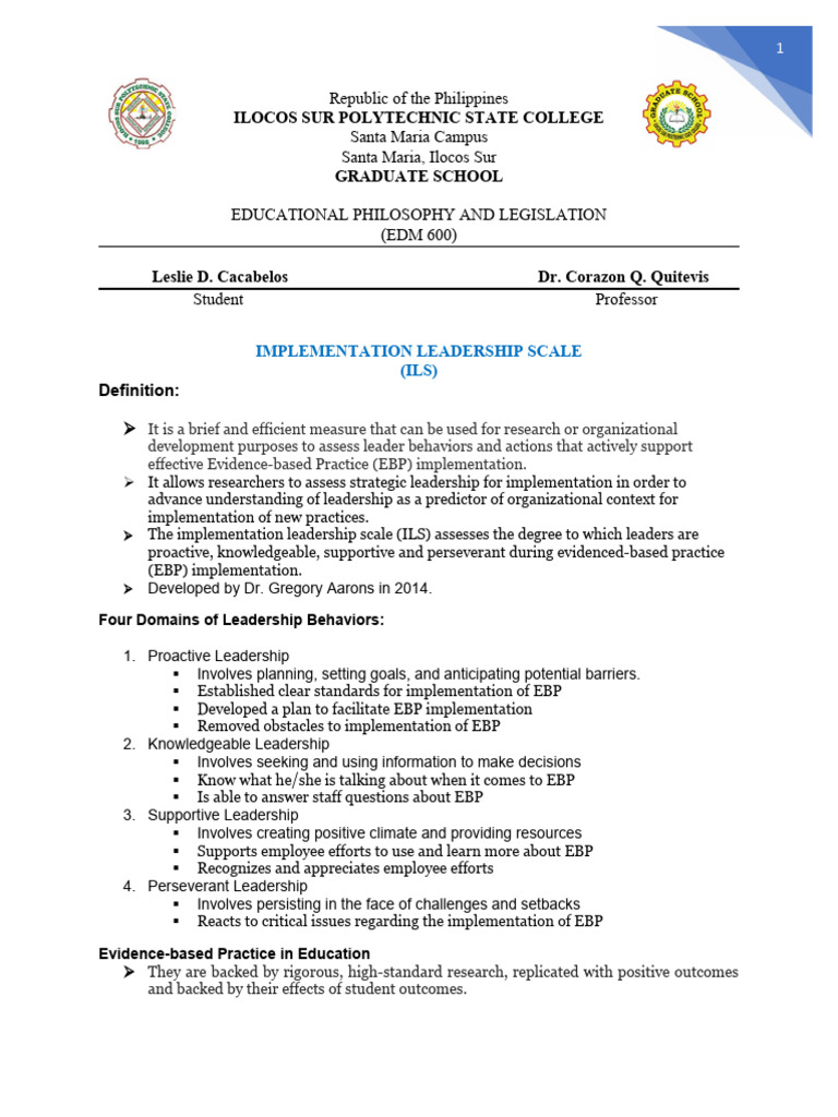 Implementation Leadership Scale Overview | PDF