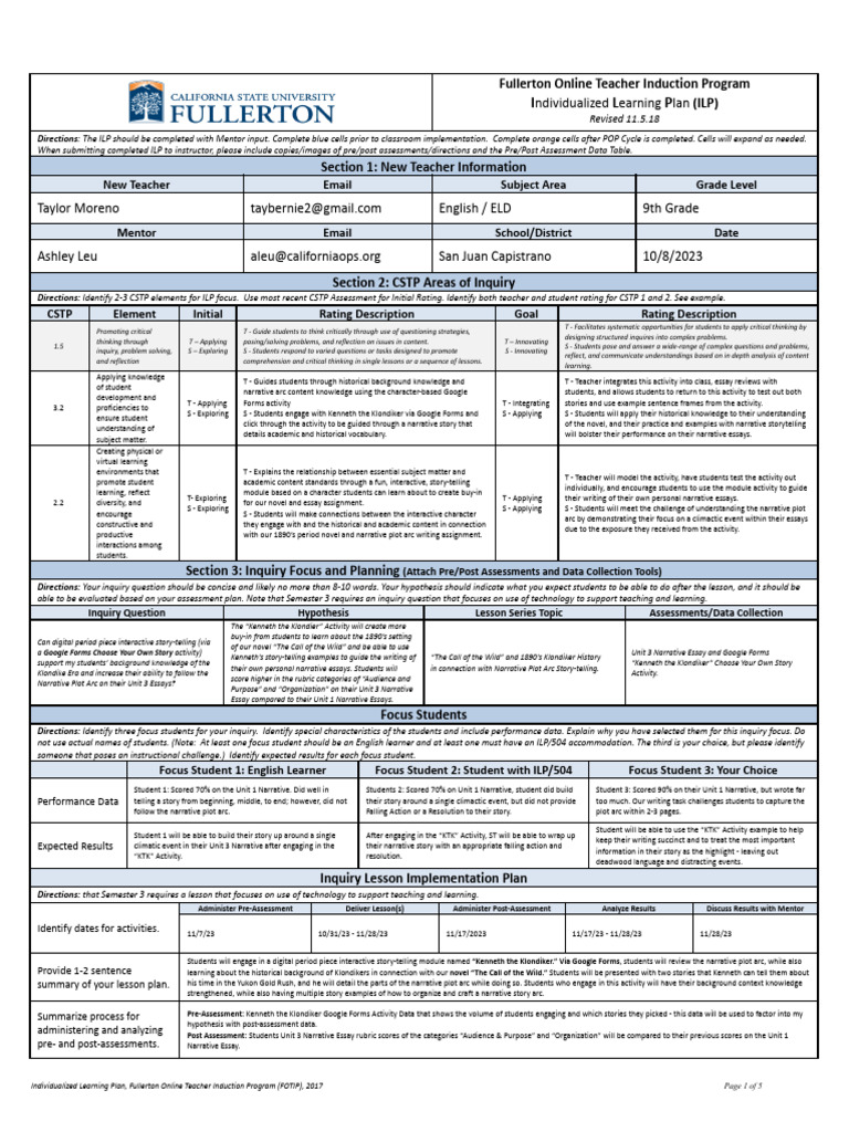 Fullerton Teacher Induction ILP Template | PDF | Storytelling | Narrative
