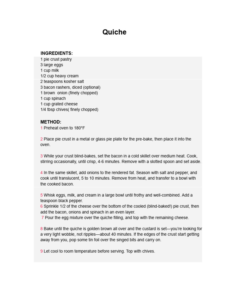 Easy Spinach and Bacon Quiche Recipe | PDF
