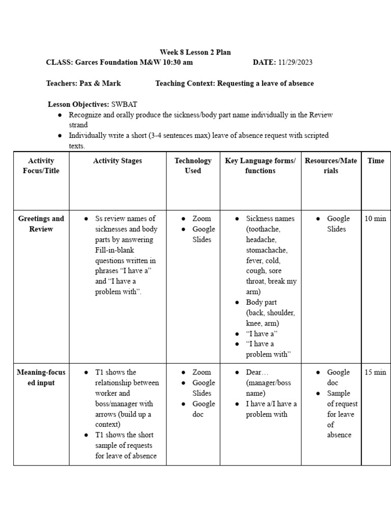 Week 8 Lesson 2 Plan | PDF | Cognition | Communication