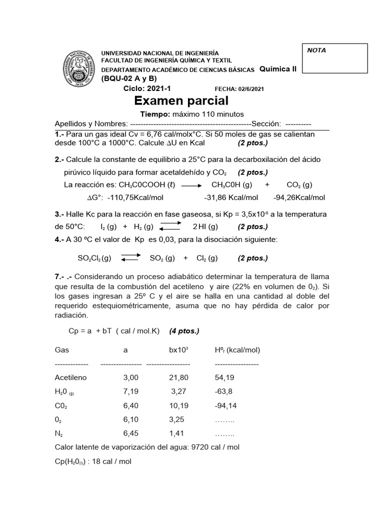 Parcial Quimica 2 21-1 | PDF | Gases | Caloría