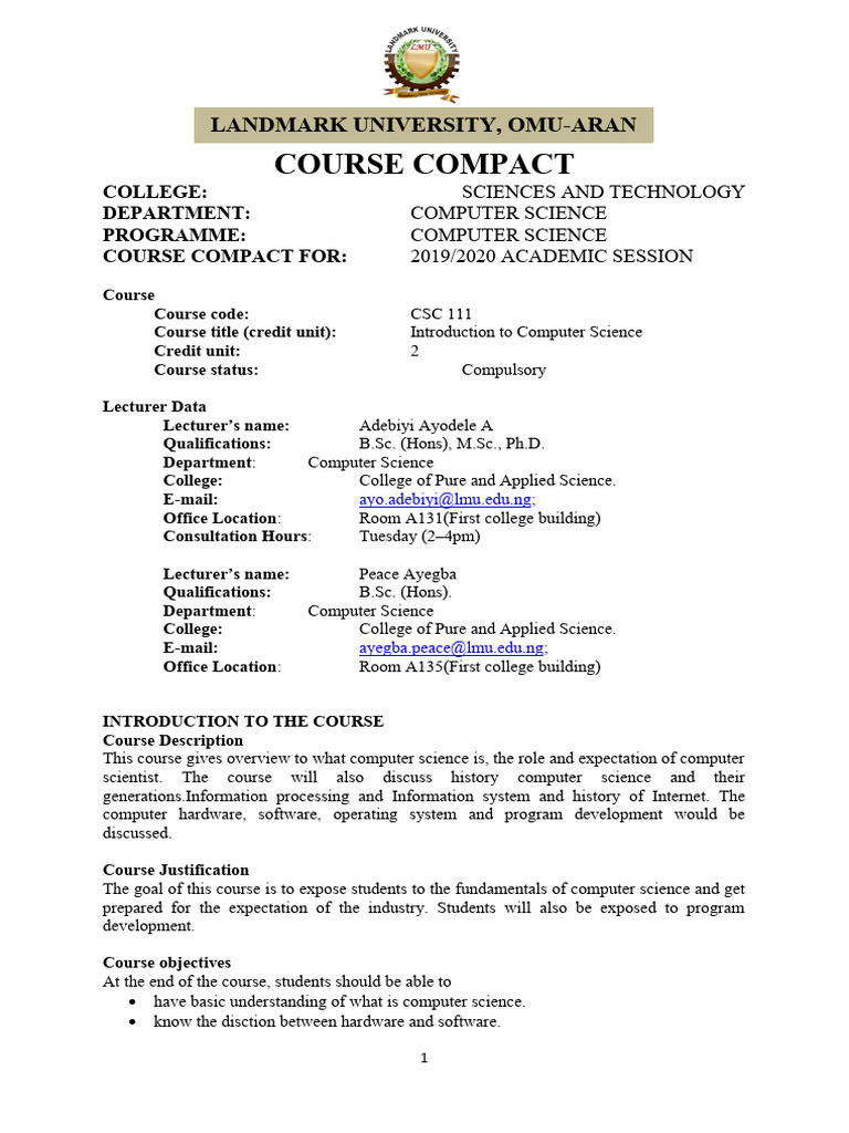 Computer Science Course Overview 2019-2020 | PDF
