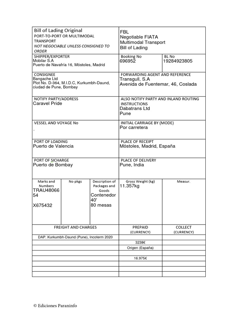 Multimodal Transport Bill of Lading | PDF | Bill Of Lading | Cargo