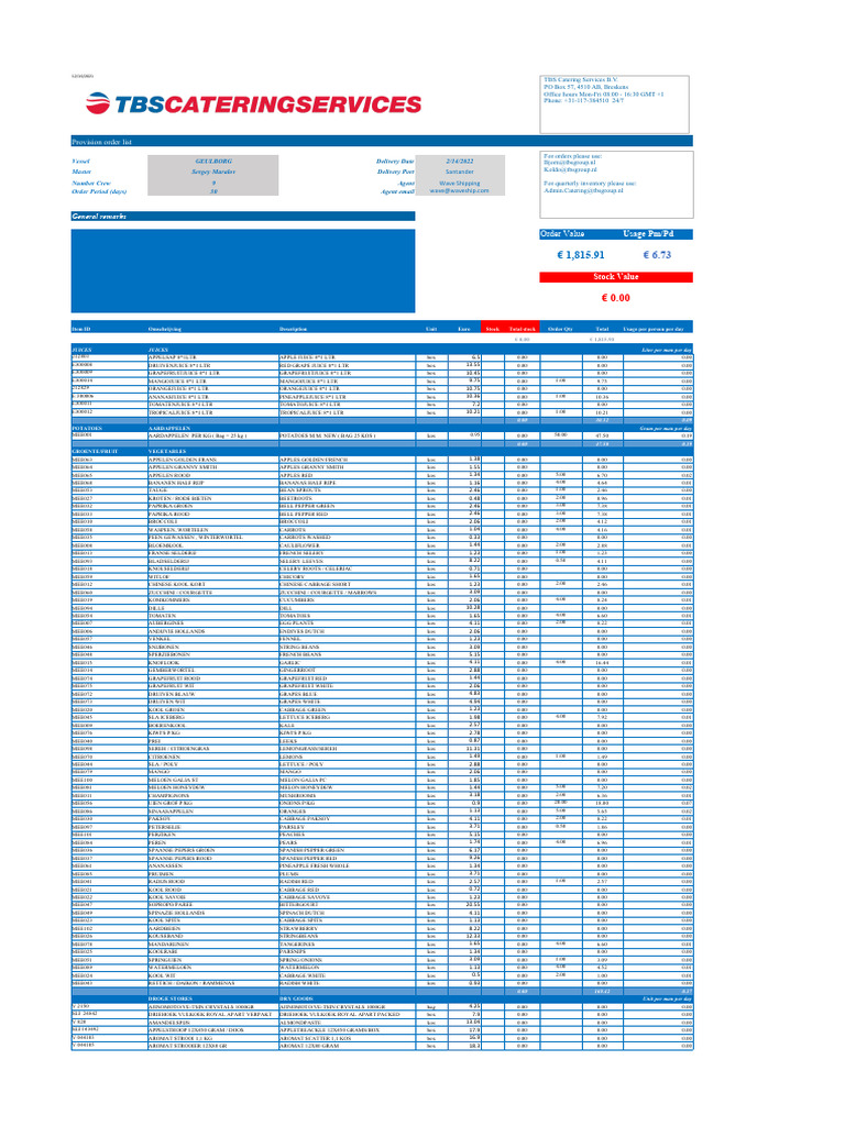 Inventory & Orderlist TBS Catering Services - 2022 4e Kwarta (ESTONIA ...