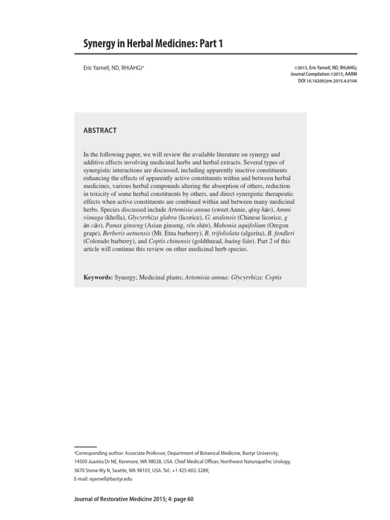 Synergy in Herbal Medicines Part 1 | PDF | Wellness | Science & Mathematics