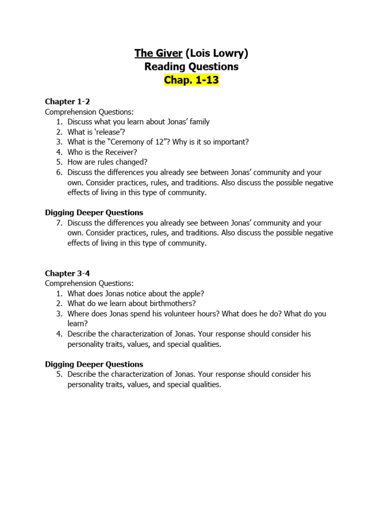 The Giver - Reading Comprehension Quest. - Chap. 1-13 | PDF | The Giver ...