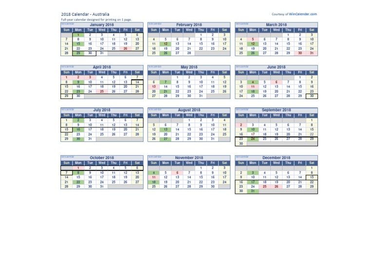 2018 Calander Australia | PDF