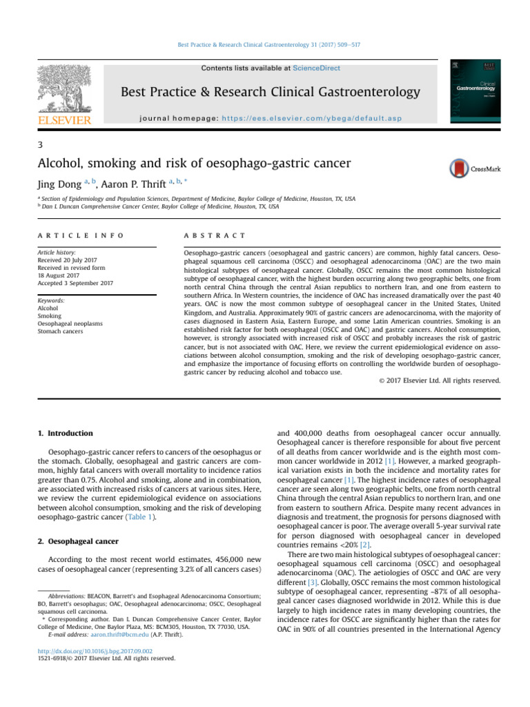 2017 - Alcohol, Smoking and Risk of Esophago-Gastric Cancer | PDF ...
