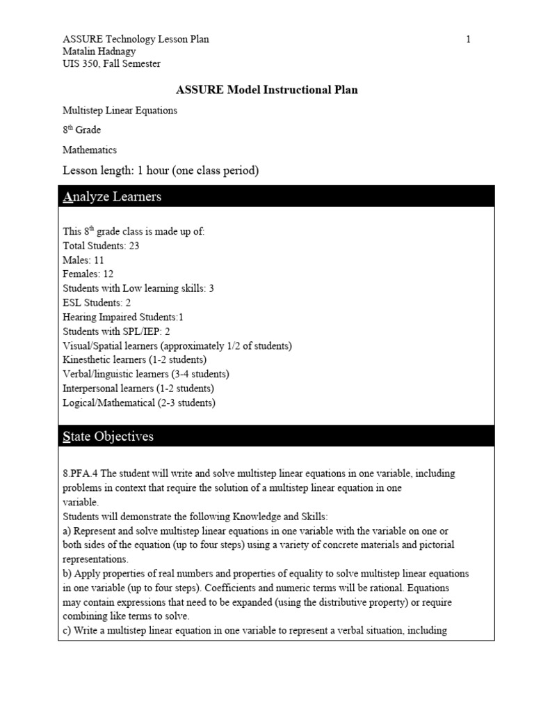 Hadnagy Matalin Assure Model Instructional Plan | PDF | Equations | System Of Linear Equations