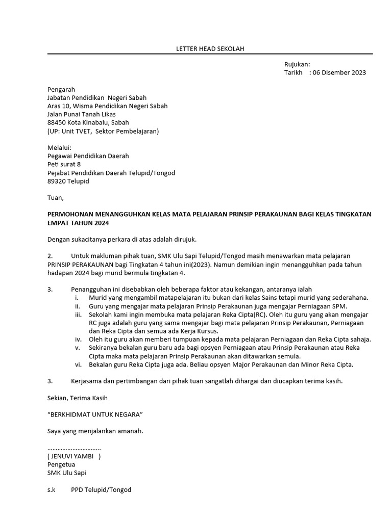 Contoh Surat Mohon Subjek TVET | PDF