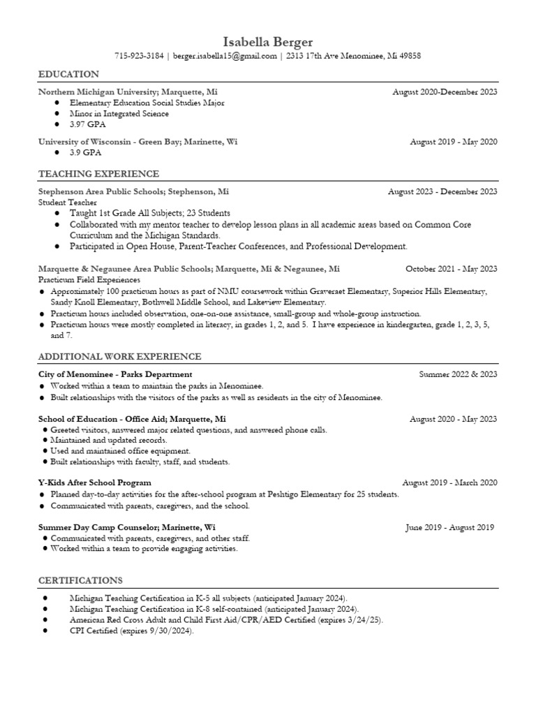 Berger Isabella - Revised Resume 1 | PDF | Learning | Behavior Modification