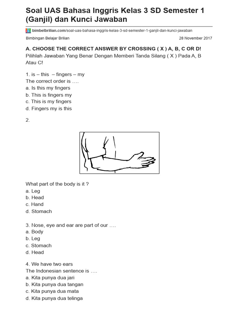 Soal UAS Bahasa Inggris Kelas 3 SD Semester 1 (Ganjil) Dan Kunci Jawaban - Bimbel Brilian | PDF ...