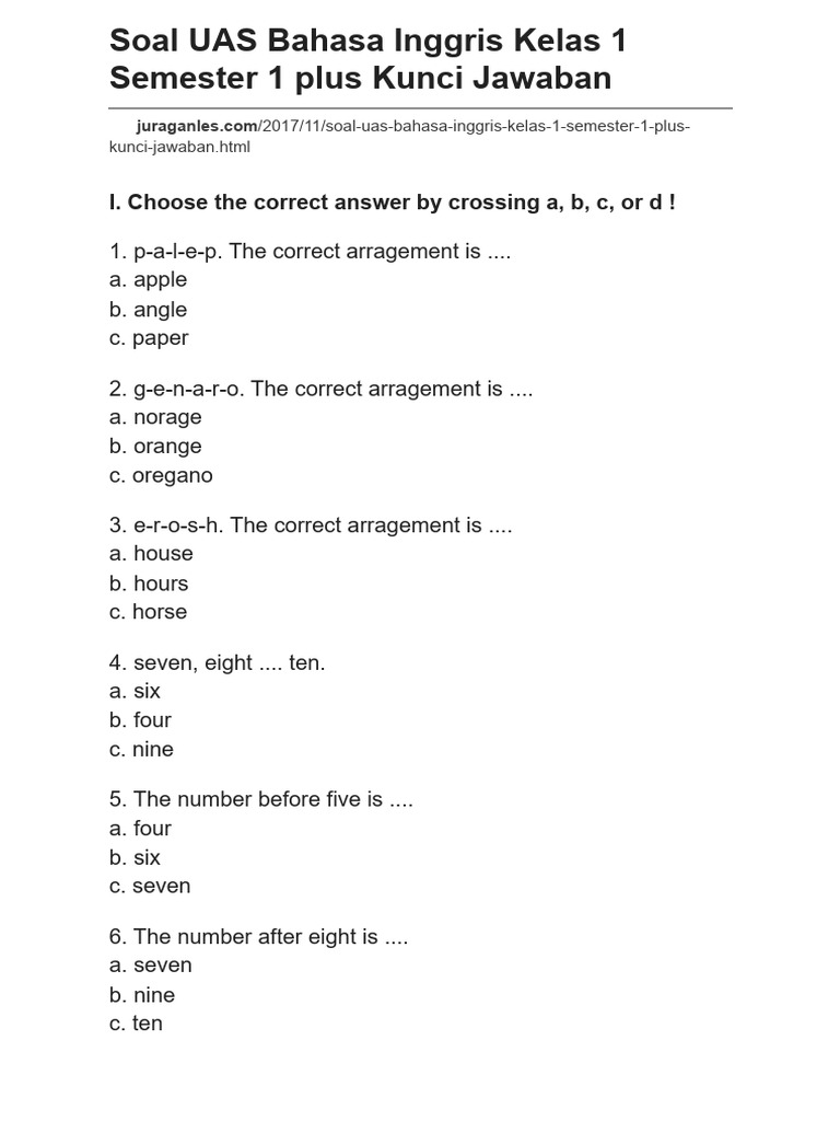 Soal UAS Bahasa Inggris Kelas 1 | PDF | Language Arts & Discipline