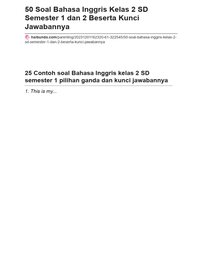 50 Soal Bahasa Inggris Kelas 2 Sd Semester 1 Dan 2 Beserta Kunci