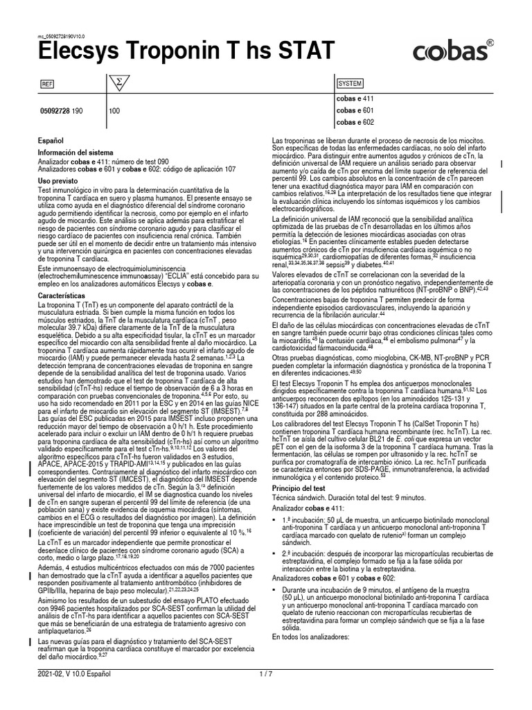 Insert - Elecsys Troponin T Hs STAT - Ms - 05092728190.v10.es | PDF | Calibración | Medicina CLINICA