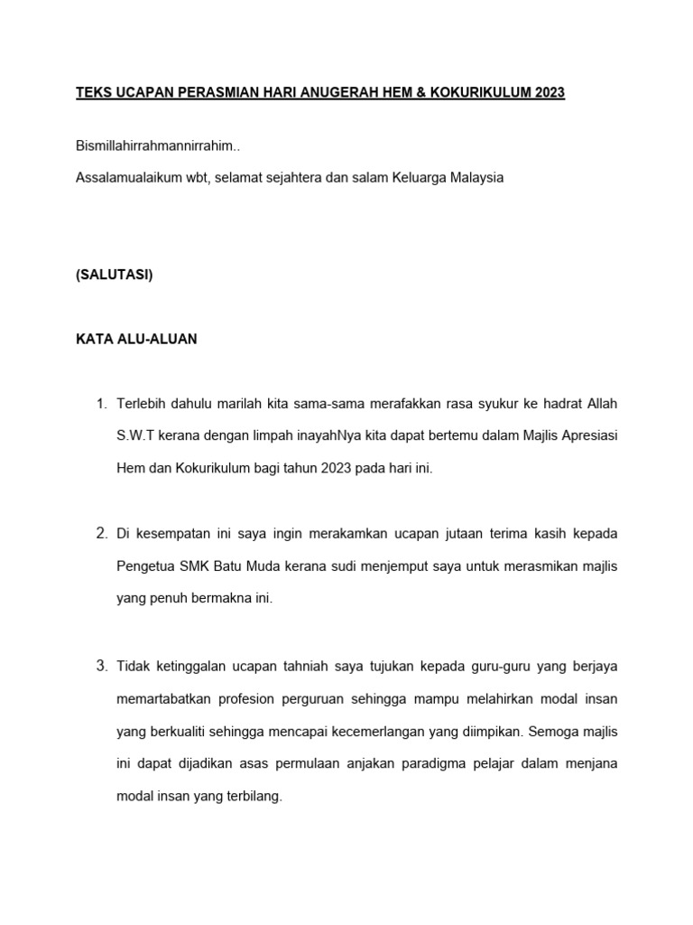 Teks Hari Anugerah Kokurikulum | PDF
