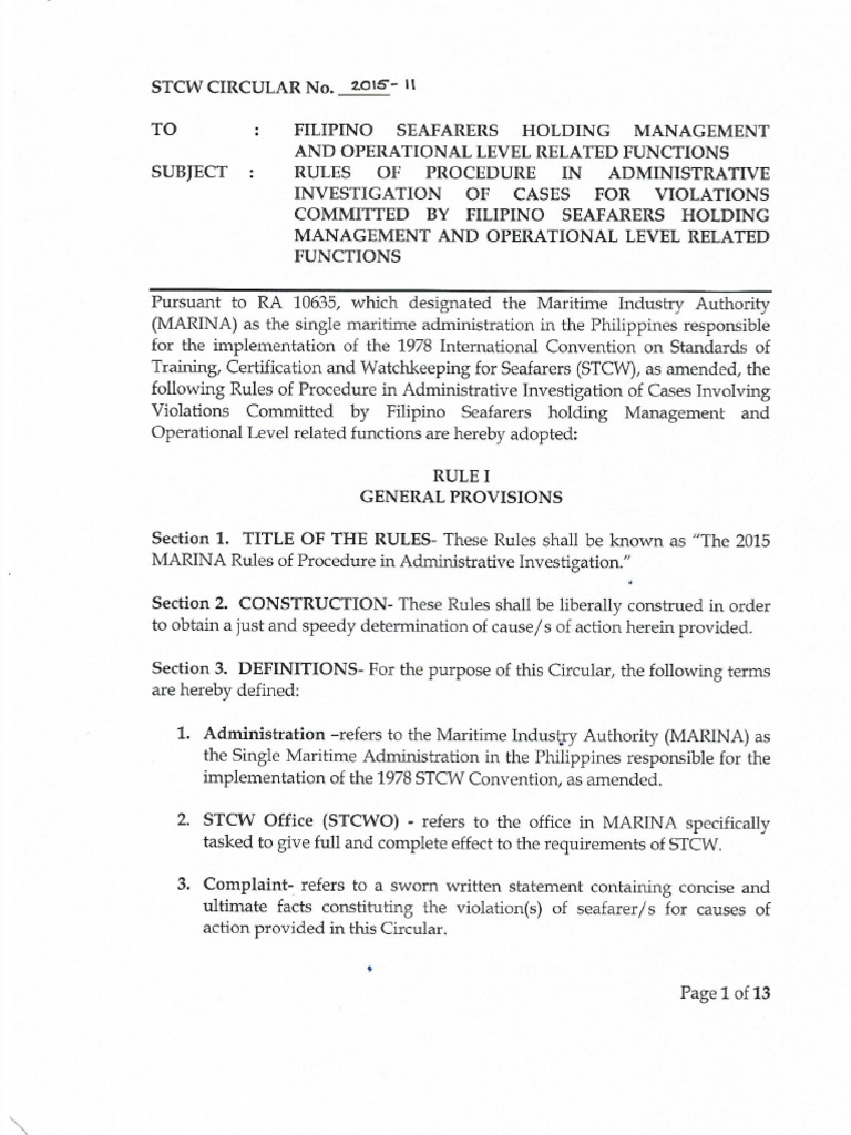 STCW-Circular-No.-2015-11 The 2015 MARINA Rules of Procedure in Administrative Investigation | PDF