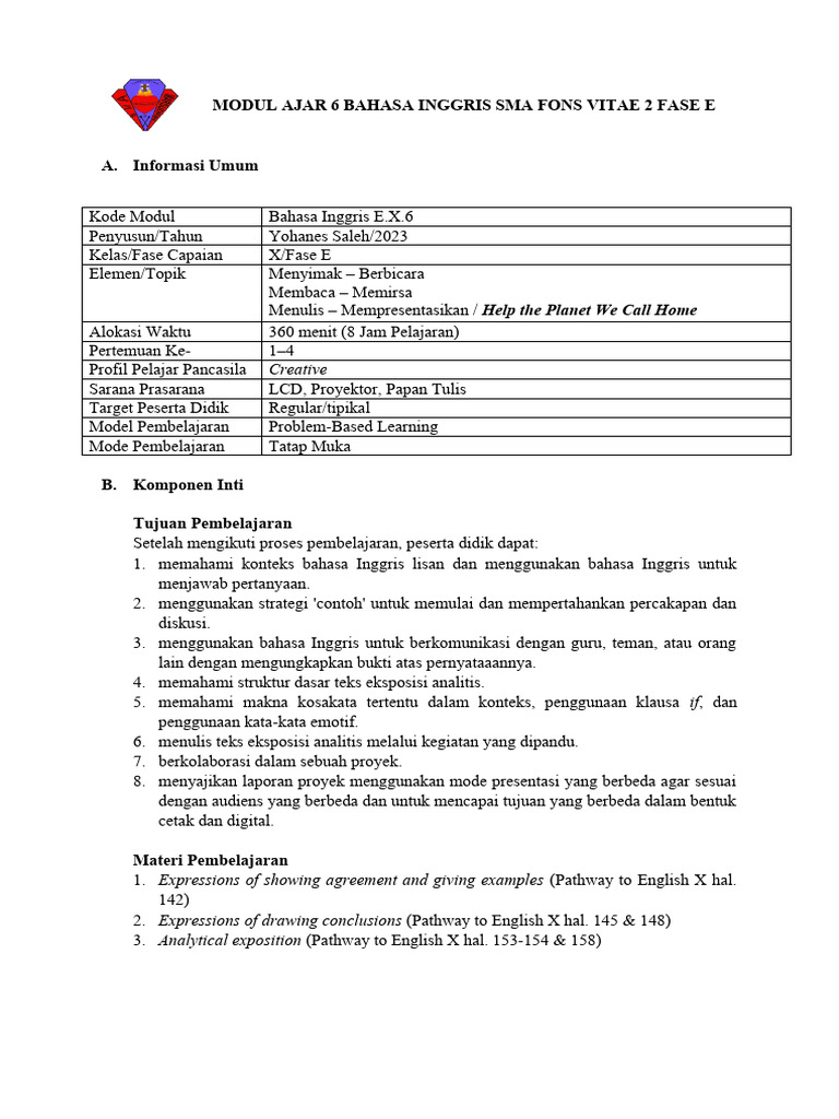 UNIT 6 - MODUL AJAR Pathway To English SMA GRADE X | PDF