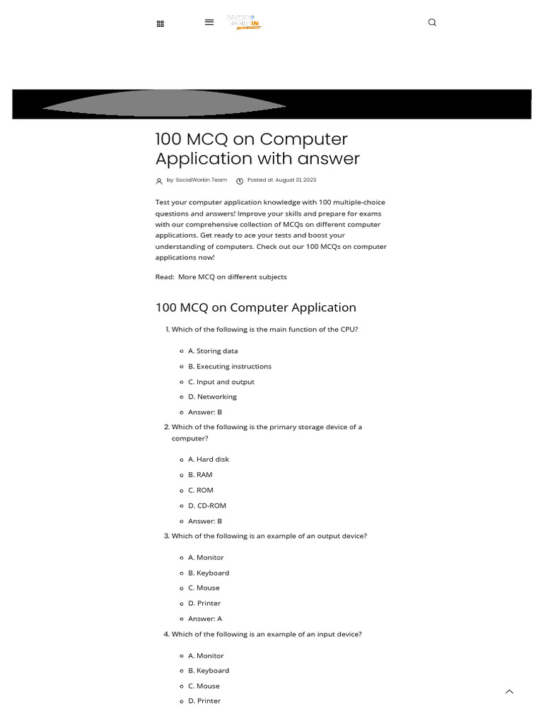100 MCQ On Computer Application With Answer | PDF