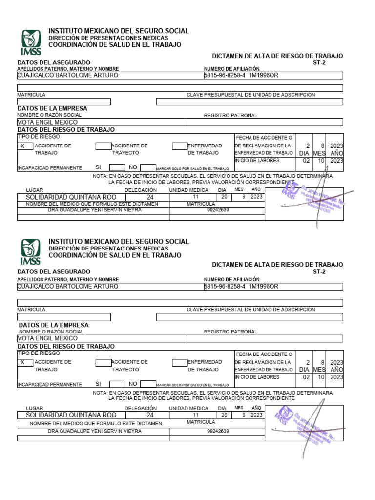 Dictamen de Alta de Riesgo de Trabajo | PDF