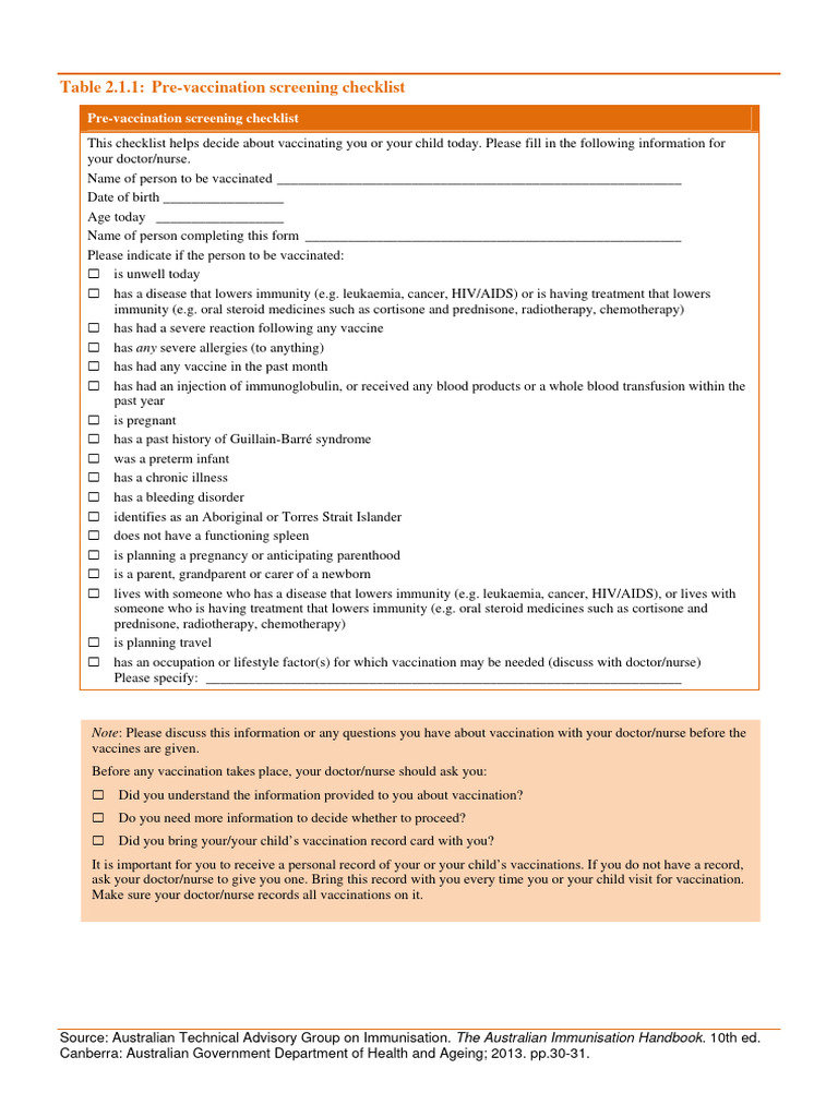 Pre-Vaccination Screening Checklist | PDF | Vaccines | Corticosteroid