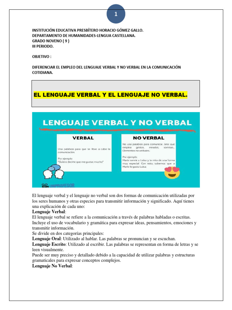El Lenguaje Verbal y El Lenguaje No Verbal. Iii Periodo, Institución Educativa Presbítero ...