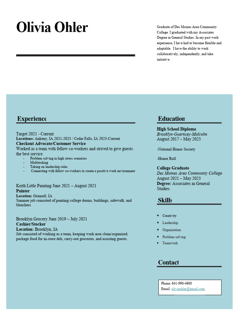 Olivia Ohler Resume | PDF | Psychology | Behavioural Sciences