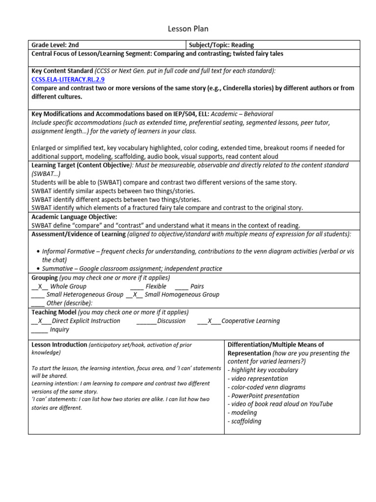 2nd Grade Reading Lesson Plan: Fairy Tales | PDF | Lesson Plan | Teaching